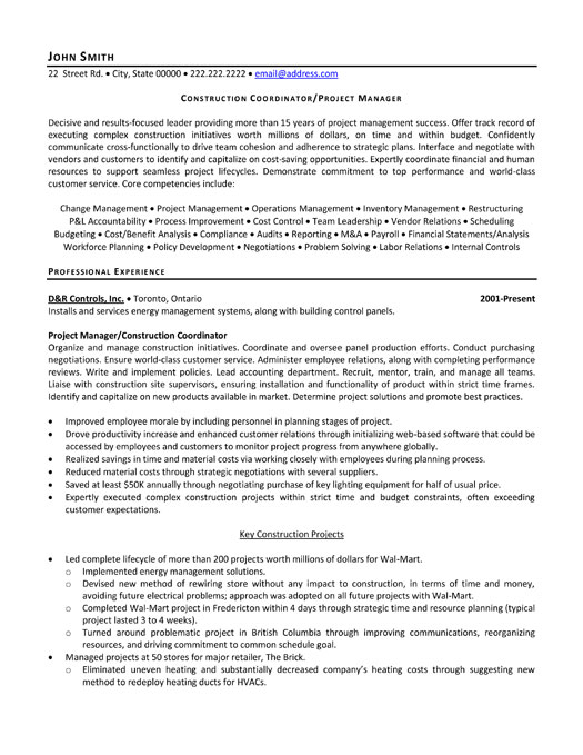 Construction Coordinator Or Project Manager Resume Template Premium 