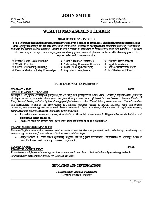 Wealth Management Leader Resume Template Premium Resume Samples Example